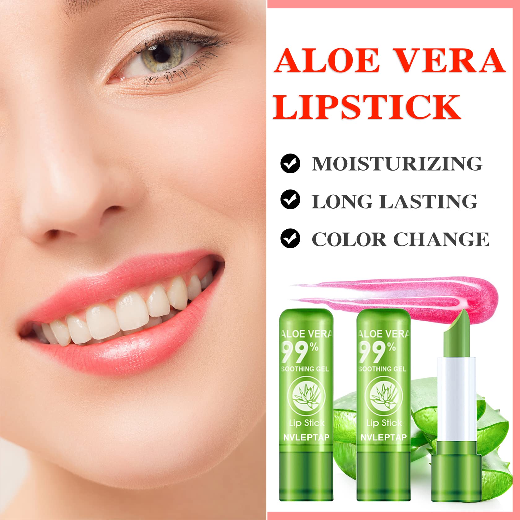 NVLEPTAP 3PCS Aloe Vera Lipstick,Lip Stain,Lip Gloss, Long Lasting Nutritious Lip Balm, Moisturizer Magic Temperature Color Changing Lipstick, Lip Stain Long Lasting Waterproof Lip Makeup