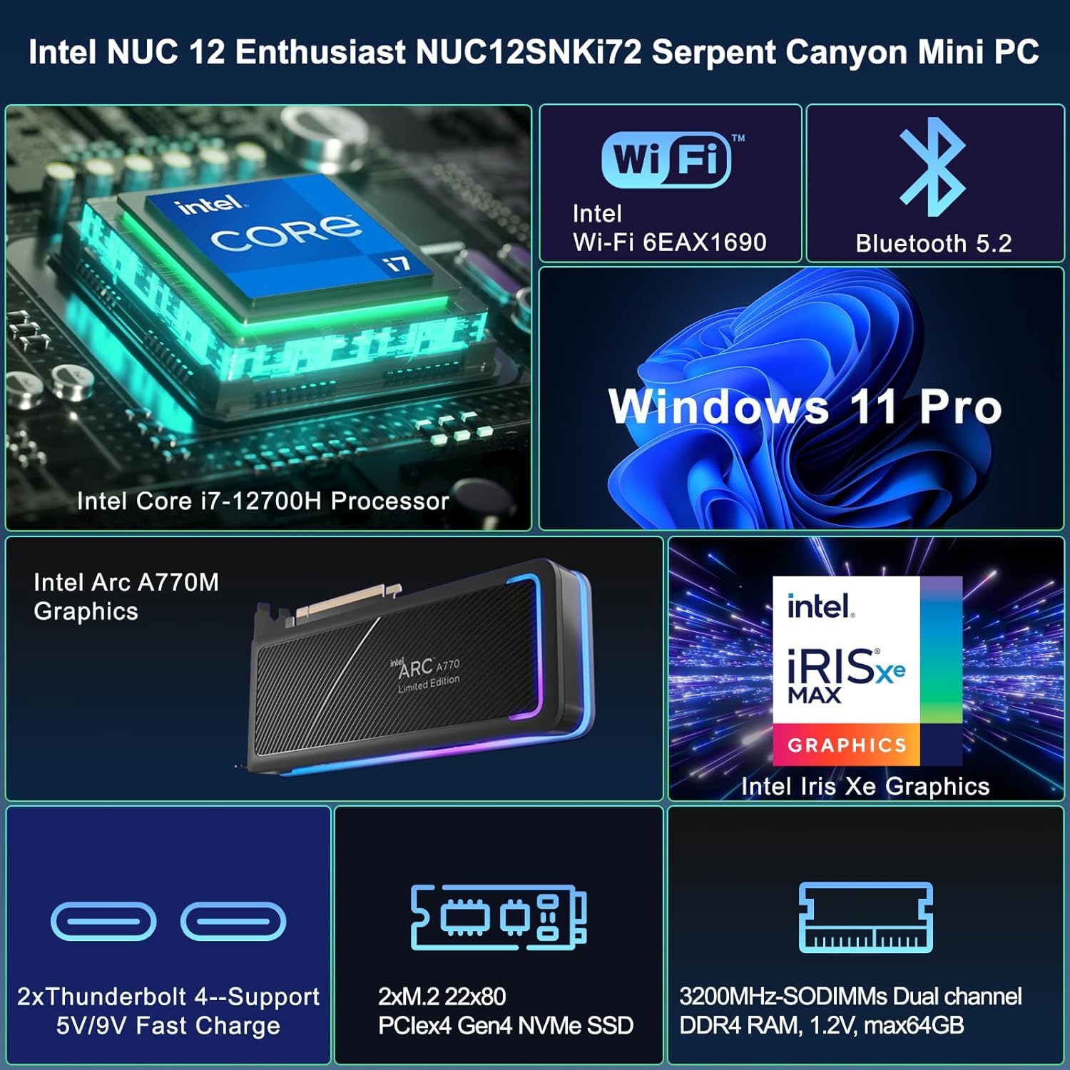 Intel NUC 12 Enthusiast NUC12SNKi7 Mini PC Core i7-12700H | 14 Cores/20 Threads | ARC A770 Graphics, Connectivity 6 USB-A, 2 USB-C, 1 HDMI, 2 Display Ports(16GB RAM 512GB SSD)