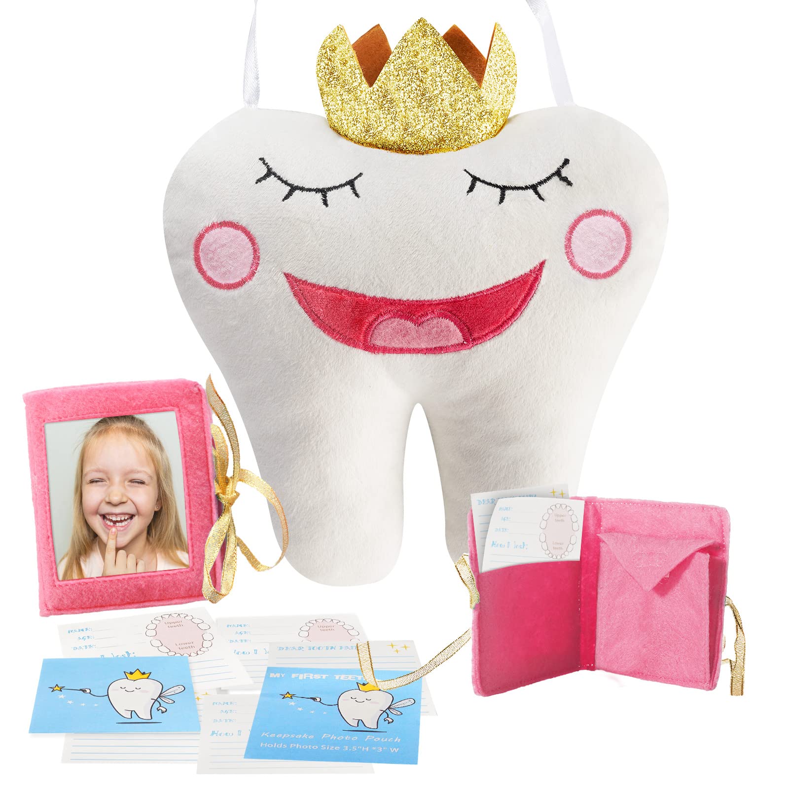 ALLYORS Tooth Fairy Pillow for Girl Tooth Fairy Kit for First Tooth Tooth Fairy Box with Keepsake Notepad, Tooth Fairy Pouch and Bag for Tooth Fairy Gifts (Pink-1)