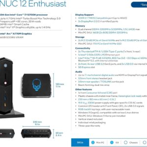 Intel NUC 12 Enthusiast NUC12SNKi7 Mini PC Core i7-12700H | 14 Cores/20 Threads | ARC A770 Graphics, Connectivity 6 USB-A, 2 USB-C, 1 HDMI, 2 Display Ports(16GB RAM 512GB SSD)