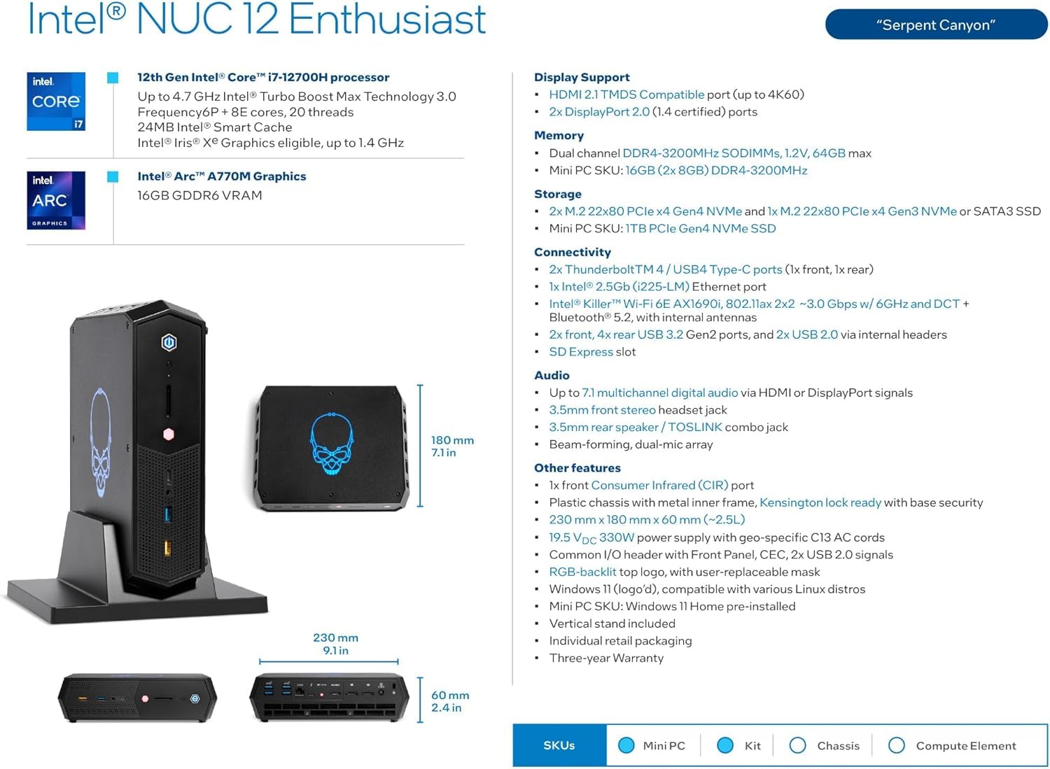 Intel NUC 12 Enthusiast NUC12SNKi7 Mini PC Core i7-12700H | 14 Cores/20 Threads | ARC A770 Graphics, Connectivity 6 USB-A, 2 USB-C, 1 HDMI, 2 Display Ports(16GB RAM 512GB SSD)