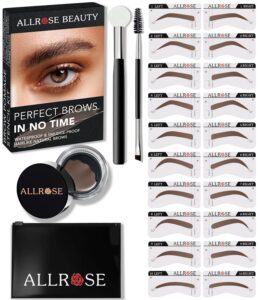 allrose eyebrow stamp stencil kit - waterproof eye brow stamping kit for perfect eyebrows with 20 brow stencils, brow stamp stencil kit, dark brown