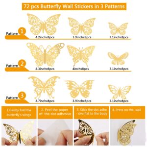 Trubetter 72Pcs 3D Gold Butterfly Wall Decor - Removable Stickers Wall Decor Room Mural for Party Cake Decoration Metallic Fridge Sticker Kids Bedroom Nursery Classroom Wedding Decor DIY Gift