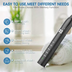 YAGHVEO Electric Toothbrush for Adults, Sonic Toothbrush, Deep Clean, 5 Modes, 4 Hours Fast Charge for 50 Days Use (5 Heads - Black)…