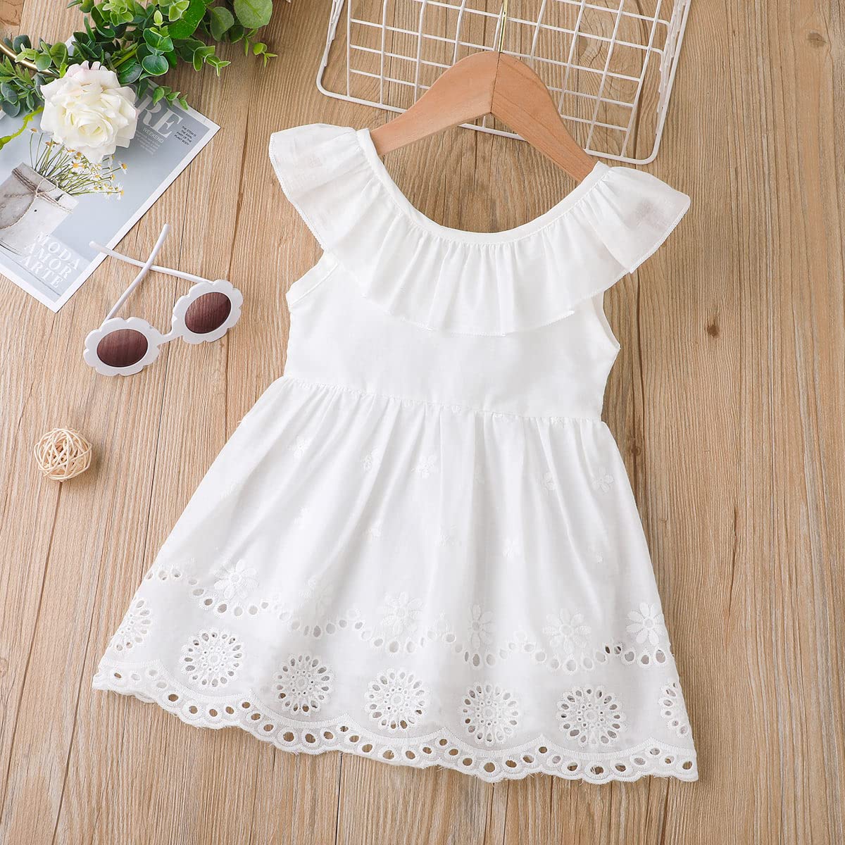 Aruzig Toddler Baby Girls Eyelet Dress White Ruffle Sleeveless Tunic Sundress Kids Casual Beach Party Clothes (White Embroidered Dress, 3-4T)