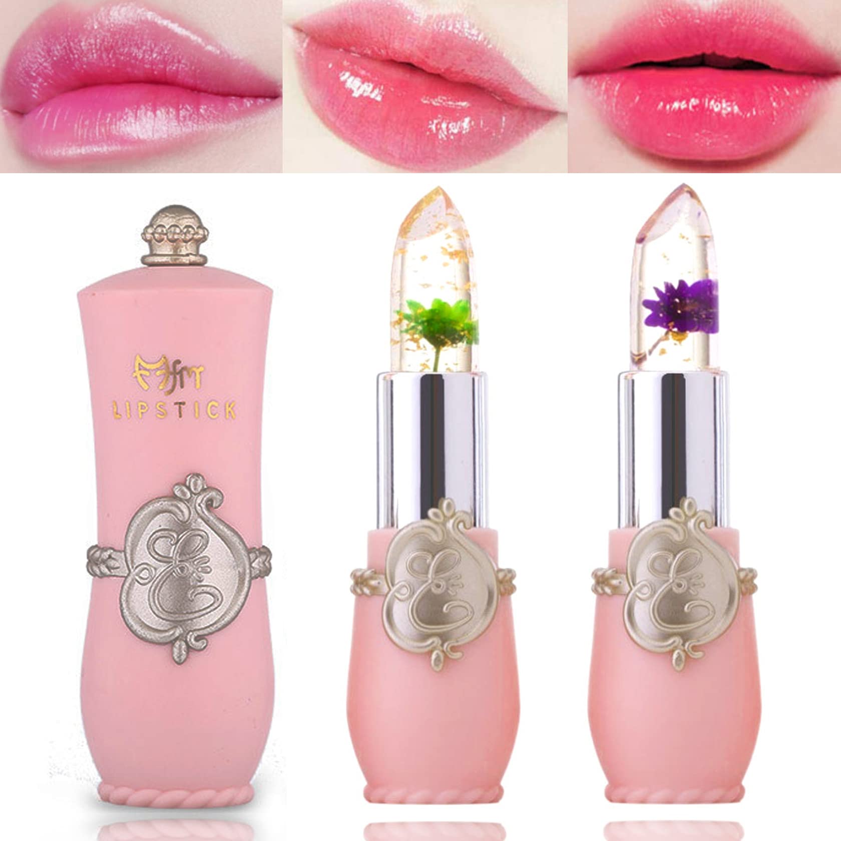 2 Pack Crystal Flower Jelly Lipstick,Magic Color Changing Lipstick,PH Clear Temperature Color Changing Lip Gloss,Lip Balm,Long Lasting Nourishing Moisturizing Lip Stick Set(Set C)