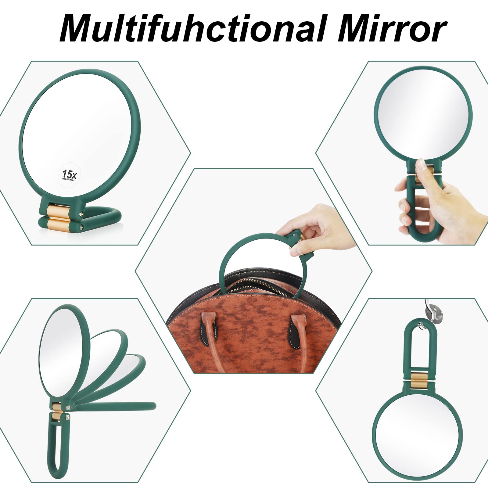 Martvex Handheld Mirror, 1x 15x Magnifying Makeup Mirror with Handle Double Side Hand Held Mirror with 1x15x Magnification & Foldable Handle, Portable Travel Makeup Hand Mirror for Women (Army Green)