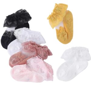 CHUNG Baby Toddler Girls Princess Cotton Frilly Socks Lace Ruffle Pack of 4/5/6 Thin Mesh Summer for Dress (3-12M, Crystal 6 pairs)