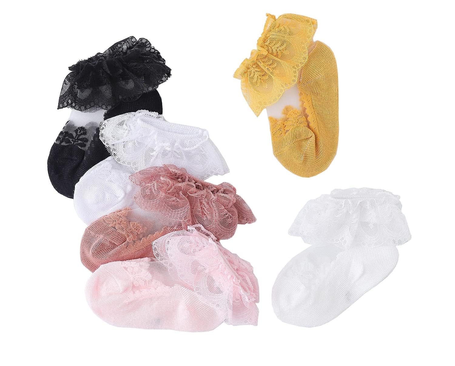 CHUNG Baby Toddler Girls Princess Cotton Frilly Socks Lace Ruffle Pack of 4/5/6 Thin Mesh Summer for Dress (3-12M, Crystal 6 pairs)