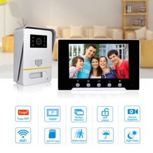 toncont Wireless Wired Video Intercom Doorbell System, WiFi Tuya Video Doorbell with WiFi 7 Inch Monitor with 32GB Card, 1080P HD Camera, Motion Detection/Record/Snapshot/Remotely Unlock