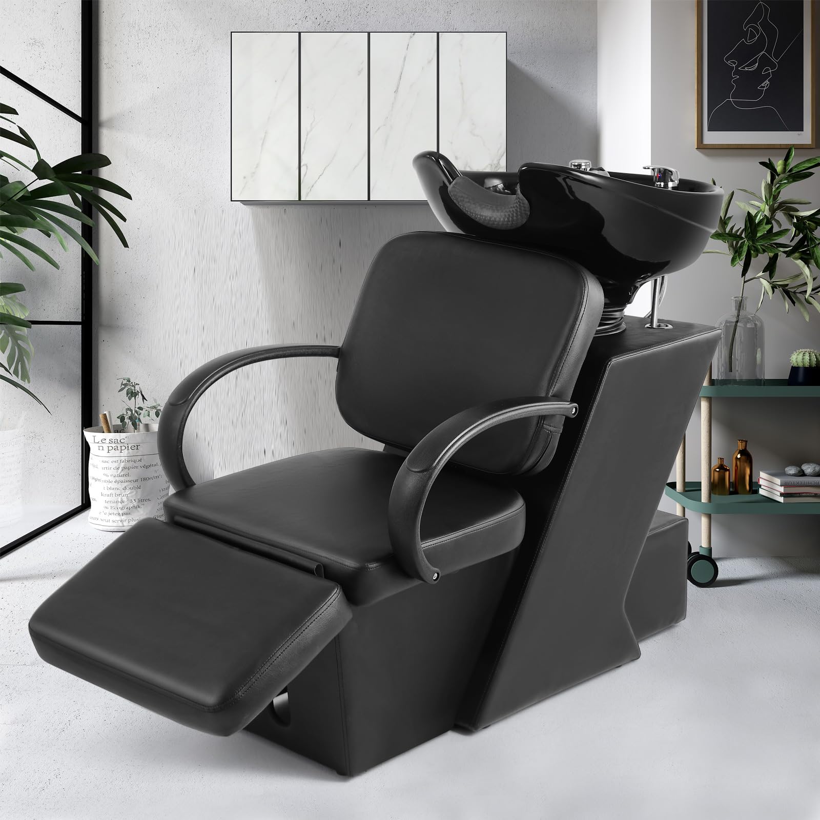 Artist hand Shampoo Bowl, 47’’ Ceramic Bowl Shampoo Chair Adjustable Backwash Sink Salon Wash Unit Shampoo Station W/Adjustable Footrest Salon Equipment for Spa Beauty Tattoo