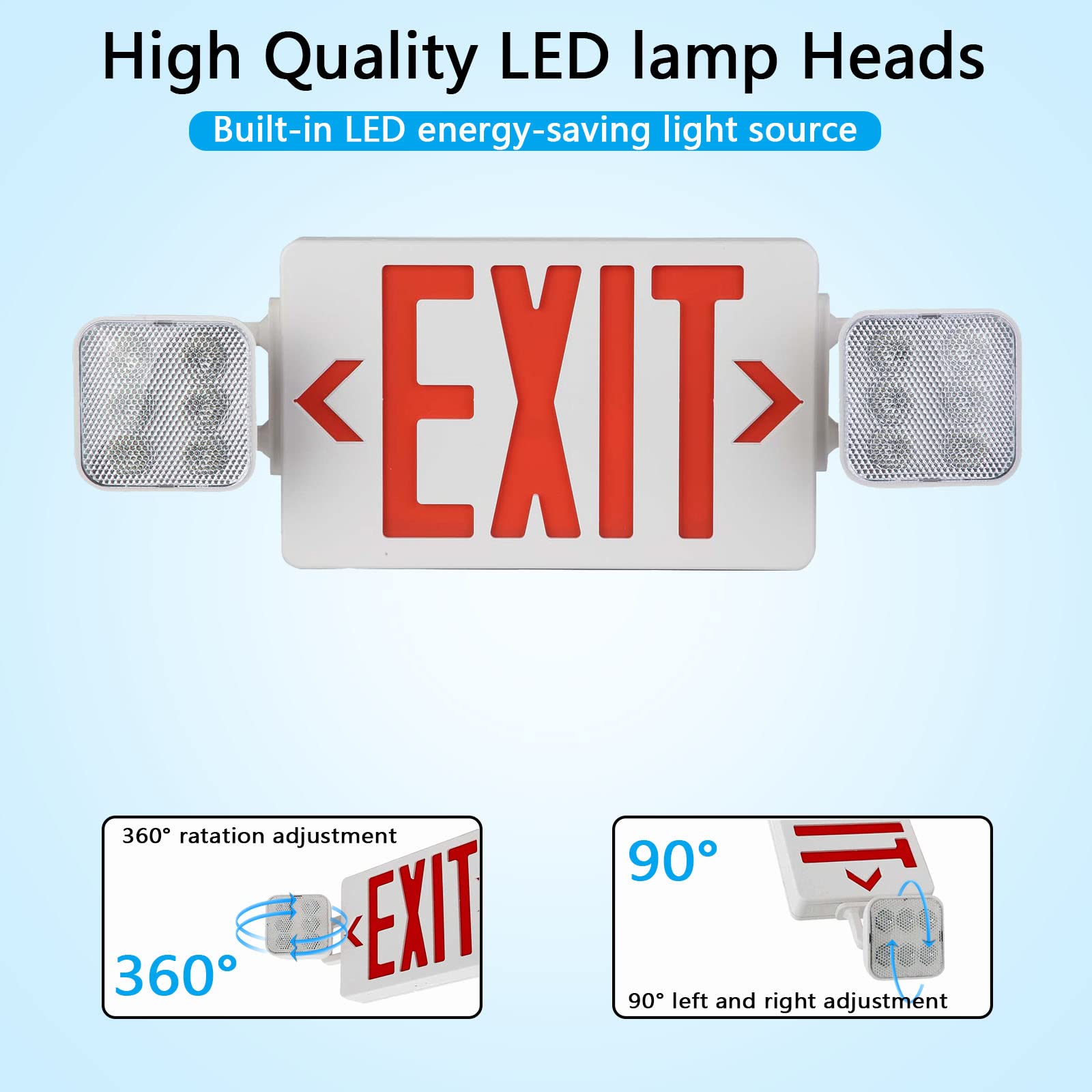 Exit Signs with Emergency Lights, Red LED Two Adjustable Head Emergency Exit Light with Backup Battery, AC 120V/277V, ABS Fire Resistant, UL Listed (2Pack)