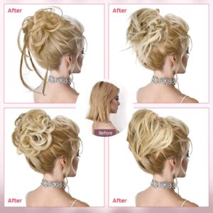 HOOJIH Messy Bun Hair Pieces, 4 Pieces Messy Bun Straight Bun Hair Pieces for Women Wavy Tousled Updo Short Ponytail Hair Extensions Hair Scrunchies Large Bun with Elastic Band - Silver Gray