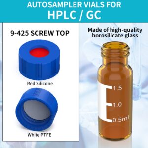 Autosampler Vials 2ml 1000 Pcs, Lab Amber Vials with Writing Area and Graduations, 9-425 Threaded Sample Vials, White PTFE & Red Silicone Septa