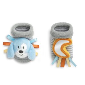 demdaco puppy 3-6 months blue and grey baby rattle and mirror activity sock set