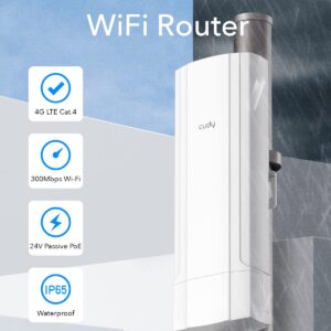 Cudy Unlocked Outdoor 4G LTE Modem Router with SIM Card Slot, N300 WiFi, EC25-AFX, IP65, PoE or DC, Pole or Wall mounting, DDNS, VPN, Cloudflare, LT300 Outdoor