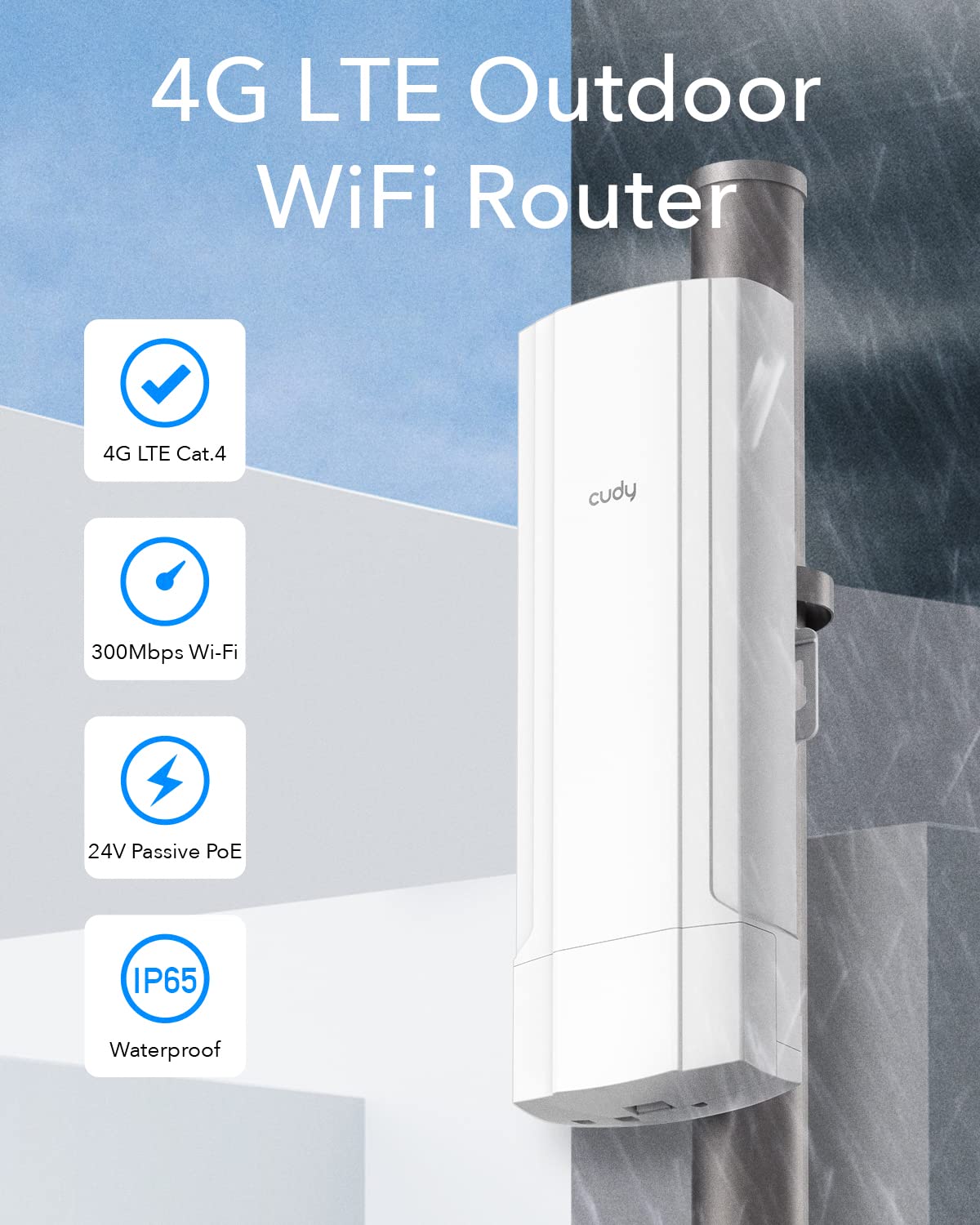 Cudy Unlocked Outdoor 4G LTE Modem Router with SIM Card Slot, N300 WiFi, EC25-AFX, IP65, PoE or DC, Pole or Wall mounting, DDNS, VPN, Cloudflare, LT300 Outdoor