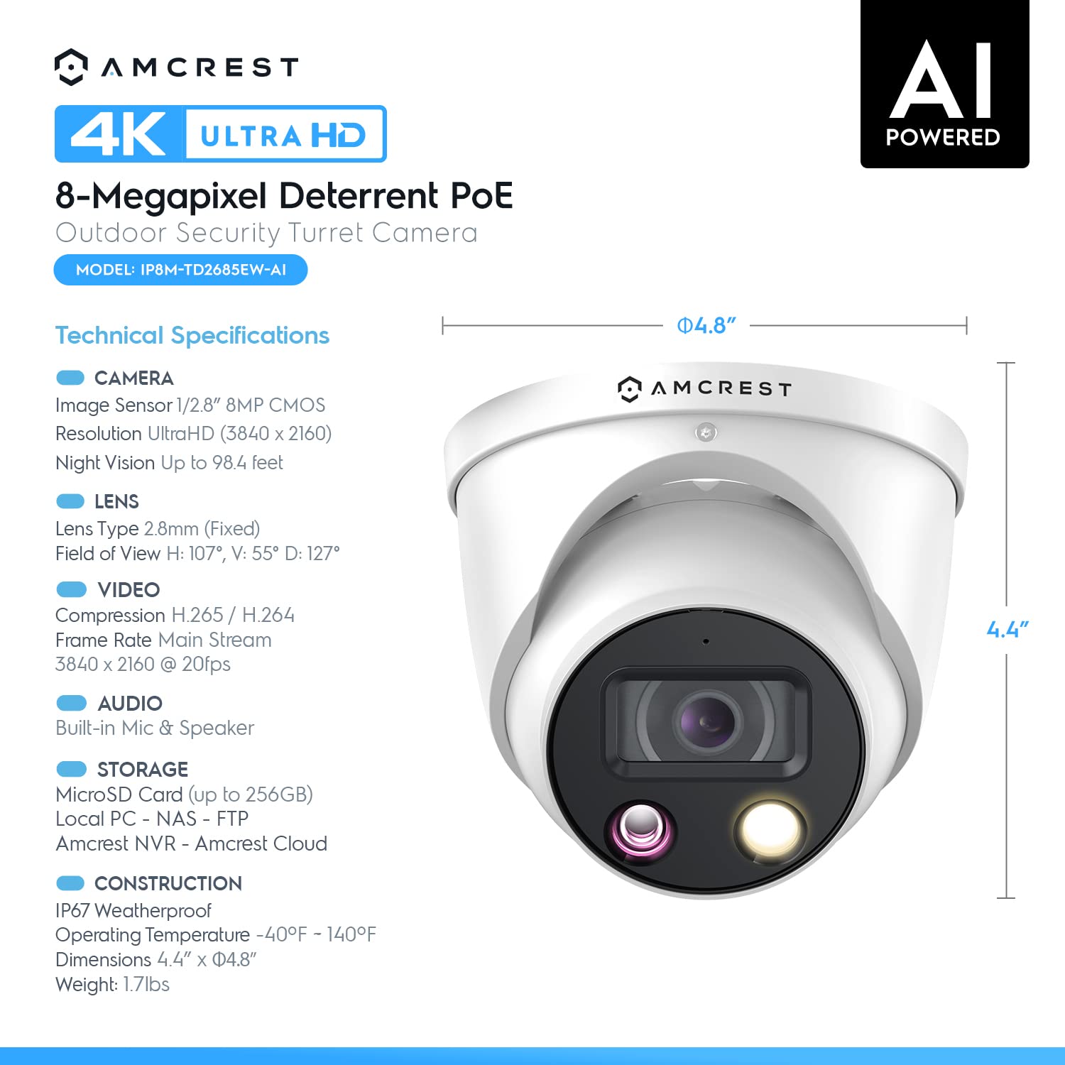 Amcrest UltraHD 4K (8MP) AI Outdoor Security Turret POE IP Camera, 4K @20fps, Face Detection, Vehicle & Human Detection, Spotlight, Built-in Siren Alarm, Built in Microphone, IP8M-TD2685EW-AI