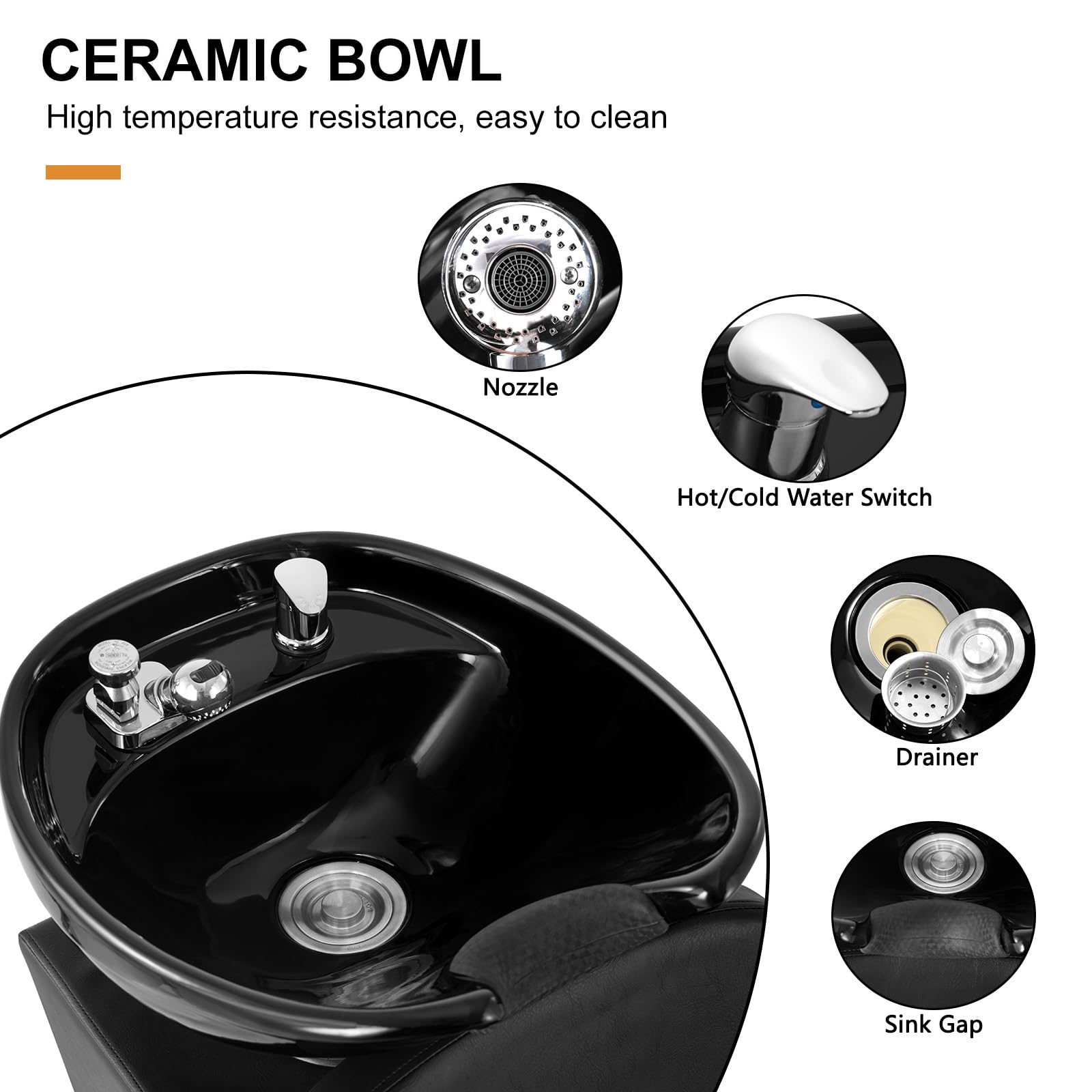 Artist hand Shampoo Bowl, 47’’ Ceramic Bowl Shampoo Chair Adjustable Backwash Sink Salon Wash Unit Shampoo Station W/Adjustable Footrest Salon Equipment for Spa Beauty Tattoo