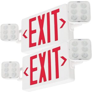 exit signs with emergency lights, red led two adjustable head emergency exit light with backup battery, ac 120v/277v, abs fire resistant, ul listed (2pack)