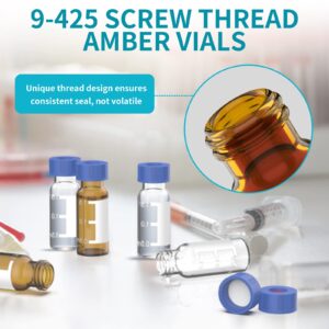 Autosampler Vials 2ml 1000 Pcs, Lab Amber Vials with Writing Area and Graduations, 9-425 Threaded Sample Vials, White PTFE & Red Silicone Septa