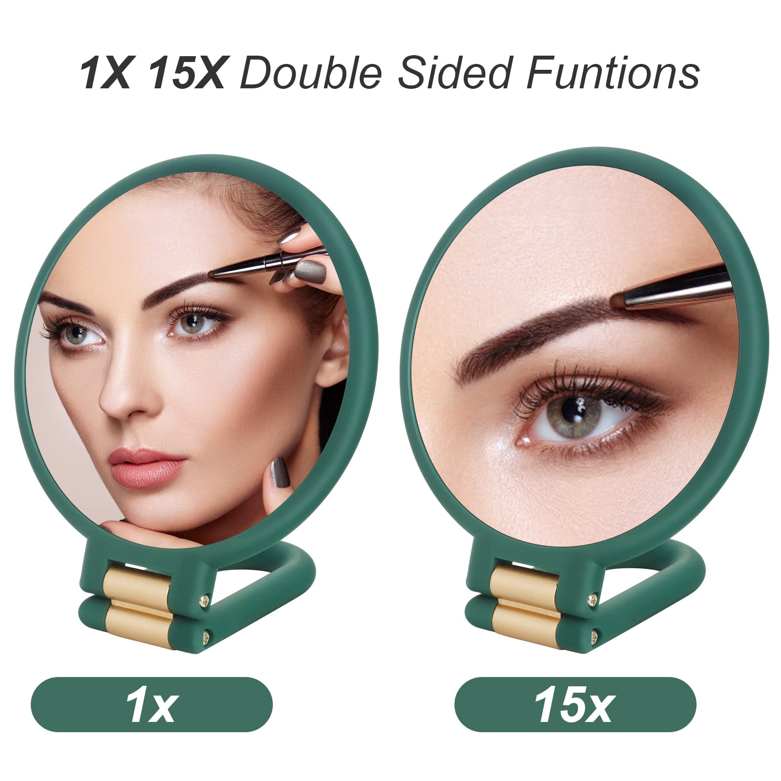 Martvex Handheld Mirror, 1x 15x Magnifying Makeup Mirror with Handle Double Side Hand Held Mirror with 1x15x Magnification & Foldable Handle, Portable Travel Makeup Hand Mirror for Women (Army Green)