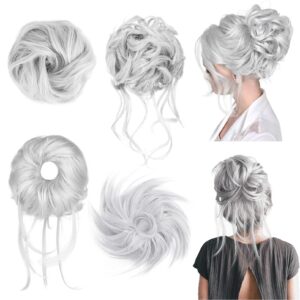 hoojih messy bun hair pieces, 4 pieces messy bun straight bun hair pieces for women wavy tousled updo short ponytail hair extensions hair scrunchies large bun with elastic band - silver gray