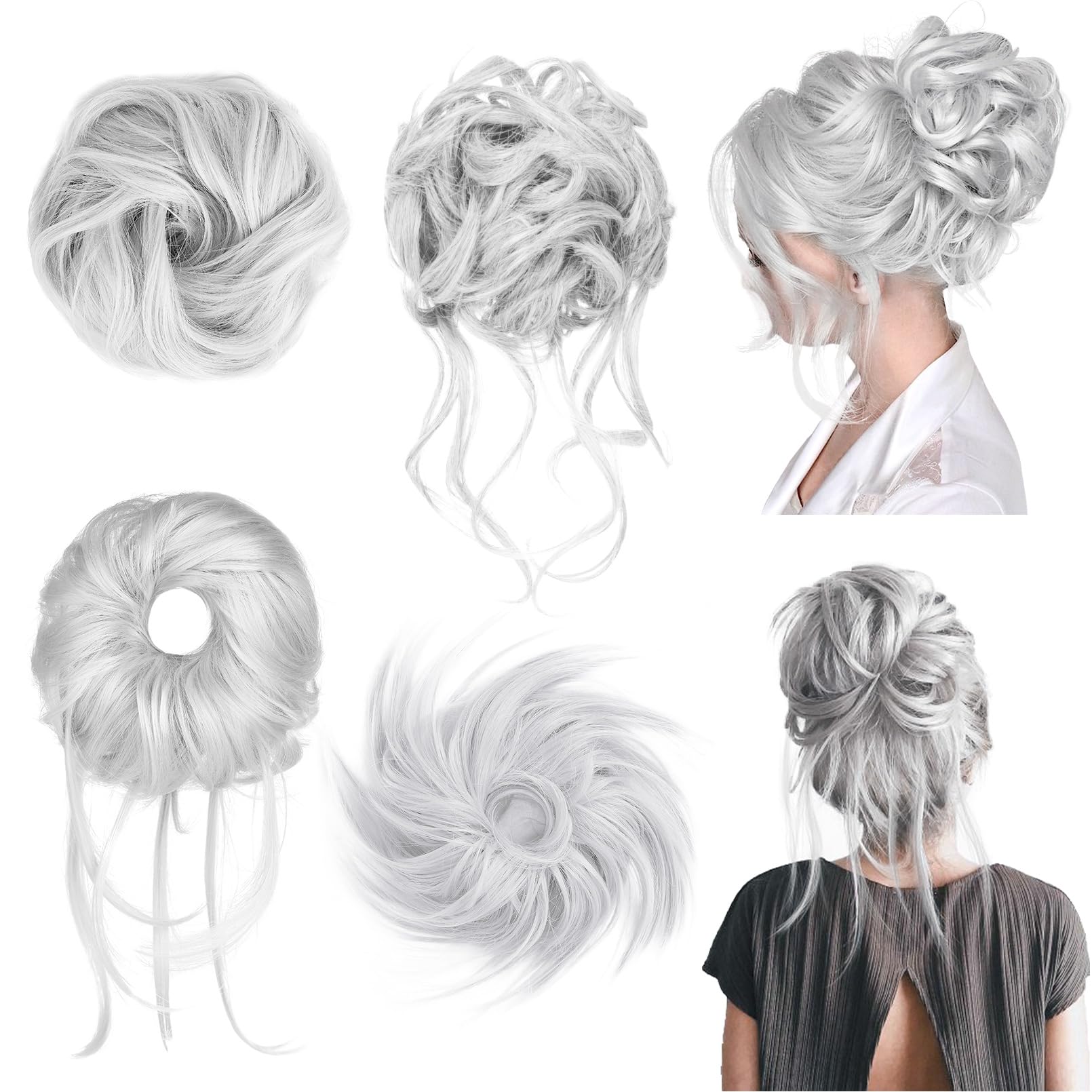 HOOJIH Messy Bun Hair Pieces, 4 Pieces Messy Bun Straight Bun Hair Pieces for Women Wavy Tousled Updo Short Ponytail Hair Extensions Hair Scrunchies Large Bun with Elastic Band - Silver Gray