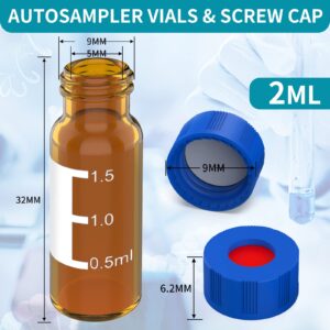 Autosampler Vials 2ml 1000 Pcs, Lab Amber Vials with Writing Area and Graduations, 9-425 Threaded Sample Vials, White PTFE & Red Silicone Septa