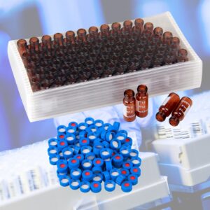 Autosampler Vials 2ml 1000 Pcs, Lab Amber Vials with Writing Area and Graduations, 9-425 Threaded Sample Vials, White PTFE & Red Silicone Septa