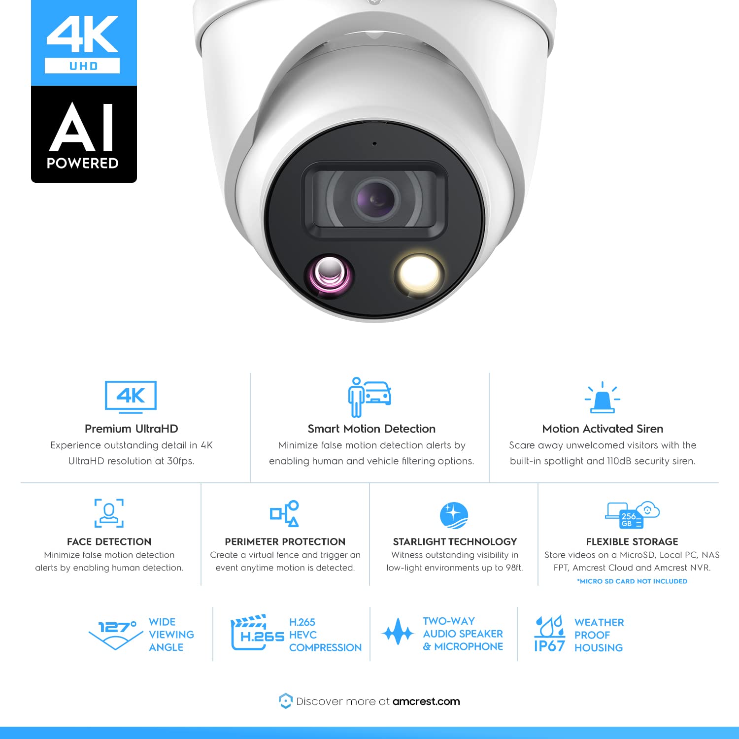 Amcrest UltraHD 4K (8MP) AI Outdoor Security Turret POE IP Camera, 4K @20fps, Face Detection, Vehicle & Human Detection, Spotlight, Built-in Siren Alarm, Built in Microphone, IP8M-TD2685EW-AI