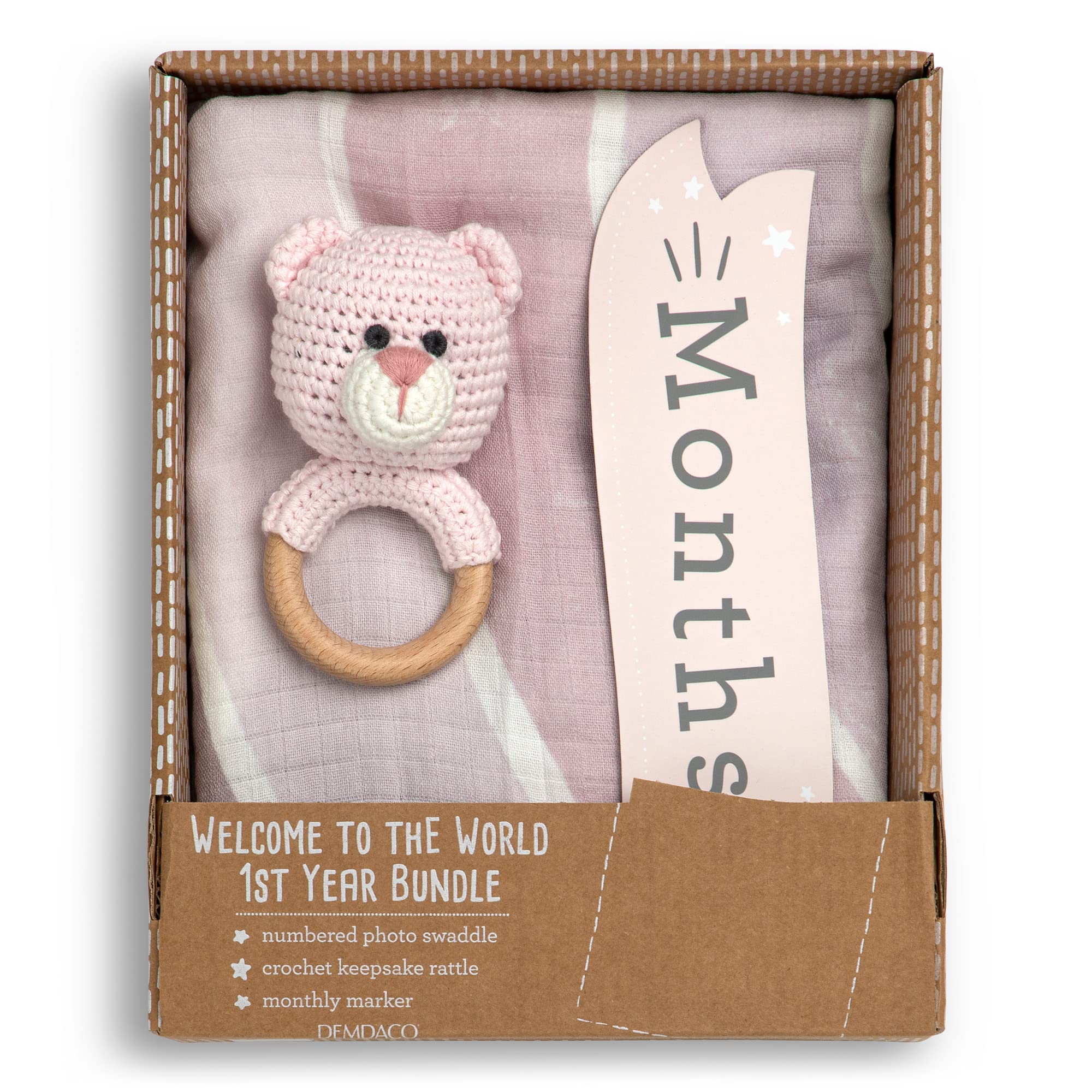 DEMDACO Welcome to The World Pink Baby Rattle and Monthly Milestone Blanket Set of 3