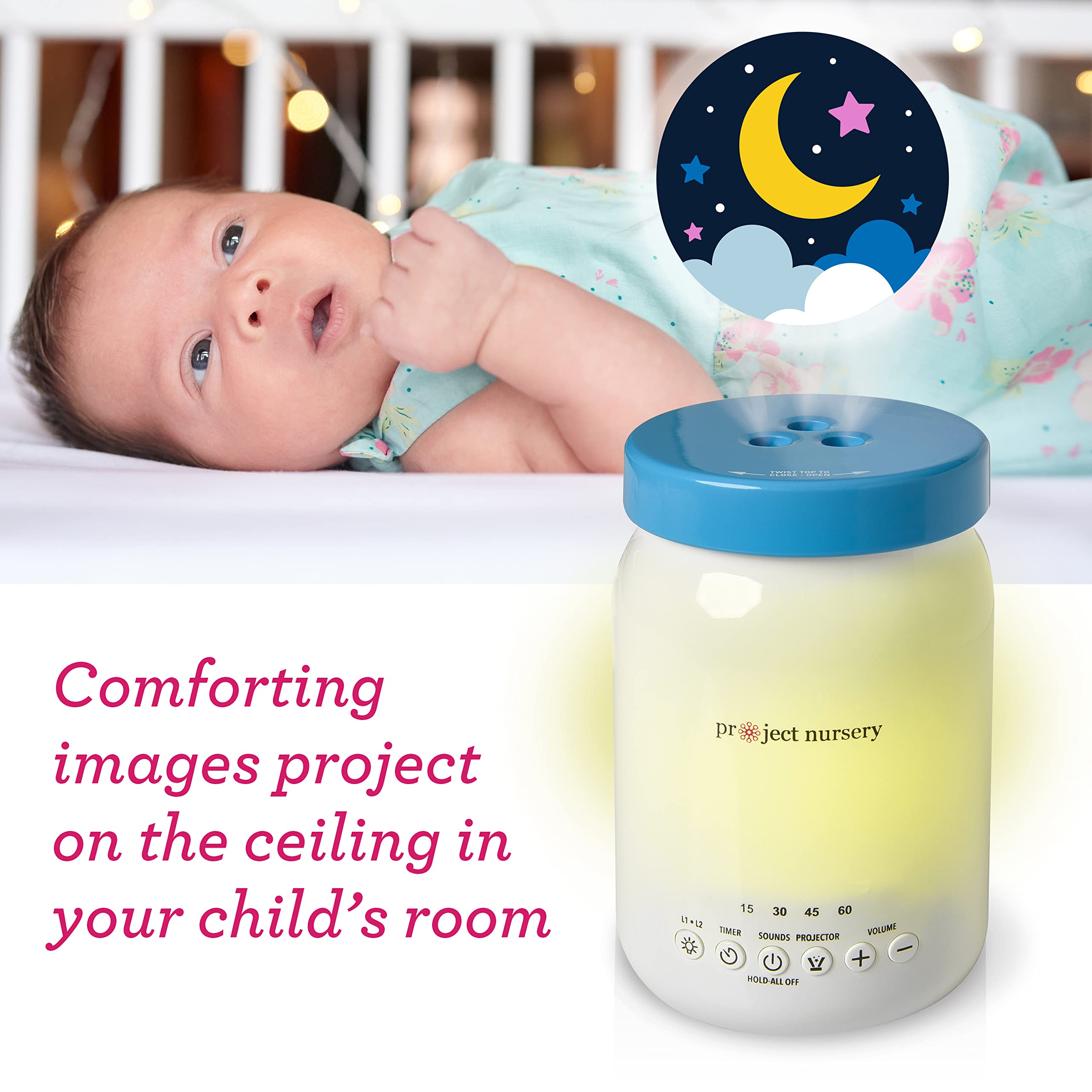 Project Nursery Dreamweaver Firefly Jar Night Light with Comforting Image Projector for Baby & Kids, White Noise Machine, Sleep Soother, Lullabies, Natural Sounds, Sleep Timer, AC or Batteries