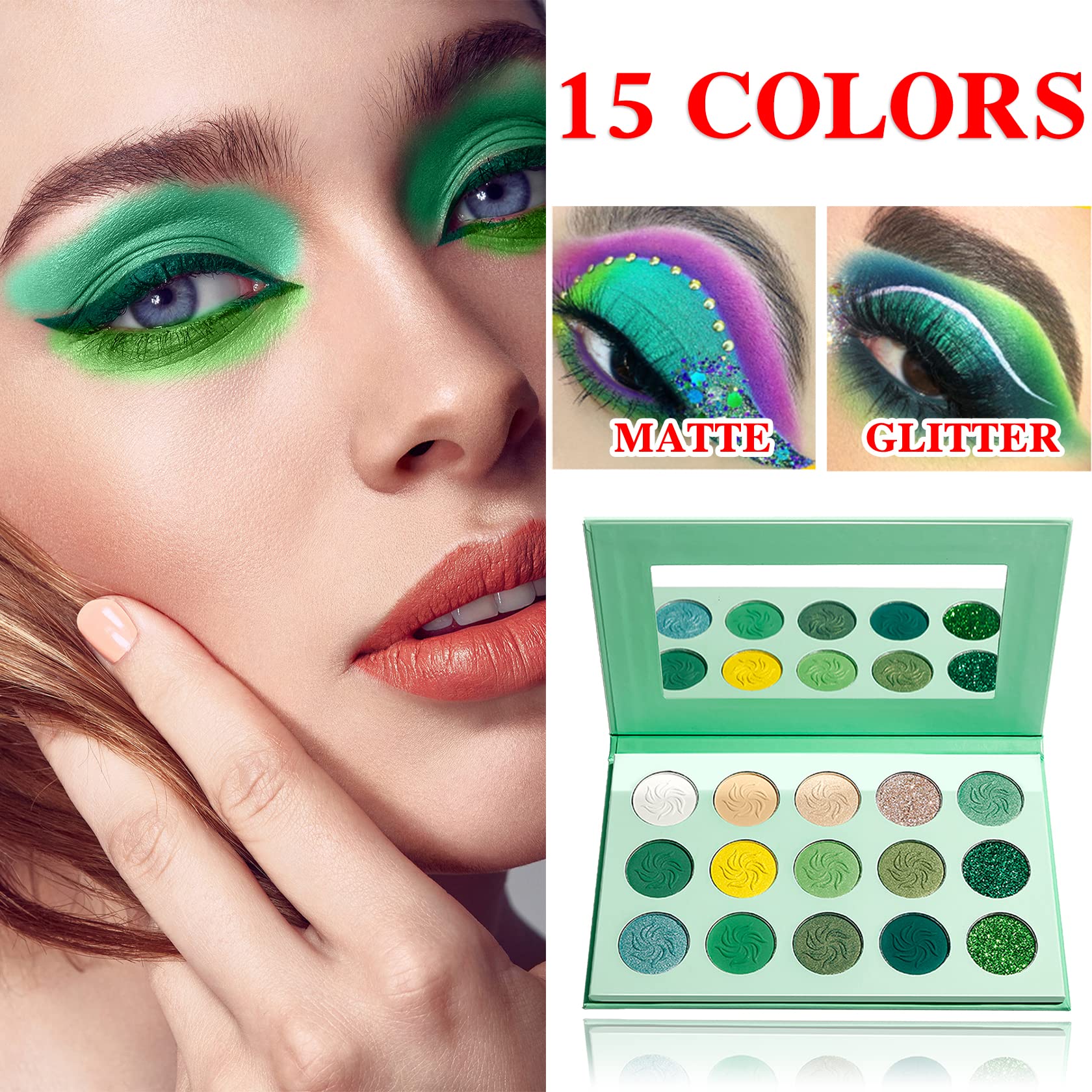 Green Eyeshadow Palette,Eye Shadow Plattet,15 Colors Professional Makeup Palette,Matte Glitter Highly Pigmented Eyeshadow Palette for Eye Makeup, Long Lasting Waterproof Colorful Eye Shadow Powder