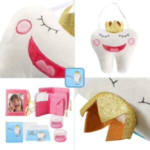 ALLYORS Tooth Fairy Pillow for Girl Tooth Fairy Kit for First Tooth Tooth Fairy Box with Keepsake Notepad, Tooth Fairy Pouch and Bag for Tooth Fairy Gifts (Pink-1)