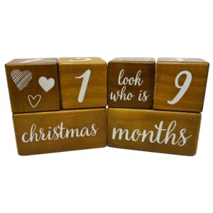 Pondering Pine Baby Milestone Blocks - Natural Brown Stain Pine Wood with Weeks Months Years Grade and Holidays, Newborn Weekly Monthly First Year Picture Props, 6 Block Milestones Age Set with Bag