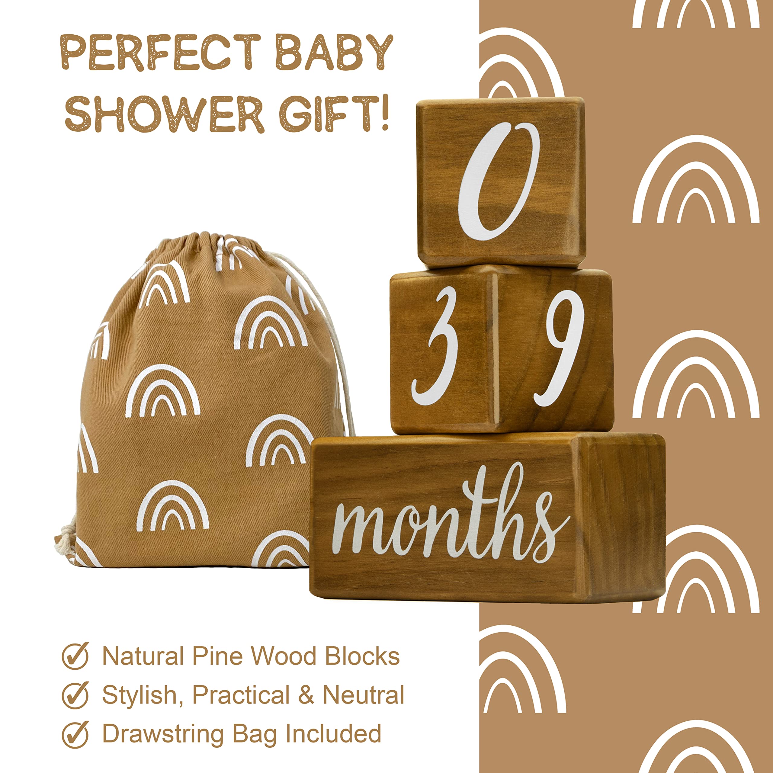 Pondering Pine Baby Milestone Blocks - Natural Brown Stain Pine Wood with Weeks Months Years Grade and Holidays, Newborn Weekly Monthly First Year Picture Props, 6 Block Milestones Age Set with Bag