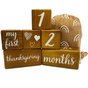 pondering pine baby milestone blocks - natural brown stain pine wood with weeks months years grade and holidays, newborn weekly monthly first year picture props, 6 block milestones age set with bag