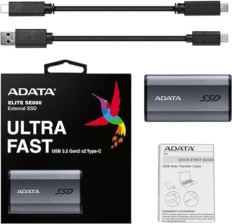 ADATA SE880 1TB - Up to 2000 MB/s- SuperSpeed USB 3.2 Gen 2x2 USB-C External Portable SSD Titanium (AELI-SE880-1TCGY)