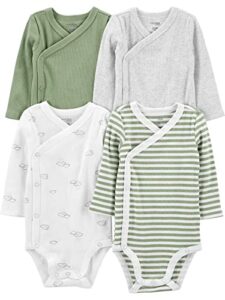 simple joys by carter's unisex babies' textured bodysuits, pack of 4, jade green stripe/light grey/olive/white clouds, 12 months