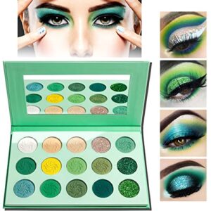 green eyeshadow palette,highly pigmented matte glitter eyeshadow,15 shades colorful metallic glitter matte eye shadow palette,long wear green emerald yellow makeup palette eyeshadow forest for women