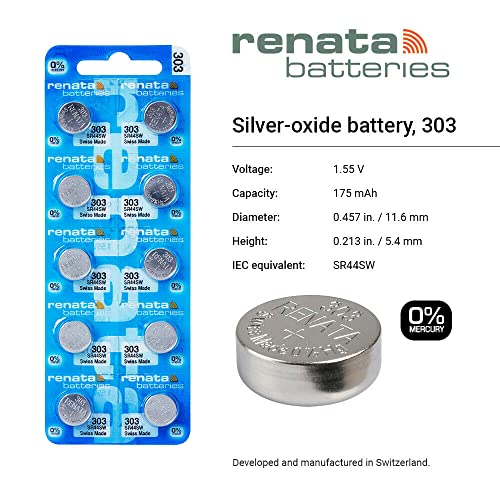 Renata 303 SR44SW Batteries - 1.55V Silver Oxide 303 Watch Battery (2 Count)