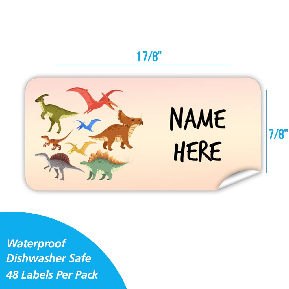 Personalized Name Labels - Cute Customized Designs for Both Babies and Kids - Great for School and Daycare - Easy-to-Apply Stickers Have a Glossy Finish – Waterproof - 42 ct. (Dinosaur Mix)