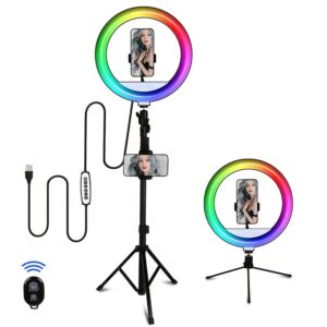 znbruiap 10 in rgb selfie ring light with tripod stand & phone holders-ring light color changing with desktop tripod and remote