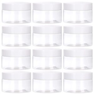 tuzazo 1 oz plastic jars round clear cosmetic container jars with lids and labels, 12 pack small plastic jars for lotion, cream, ointments, makeup, glitters, samples, travel storage