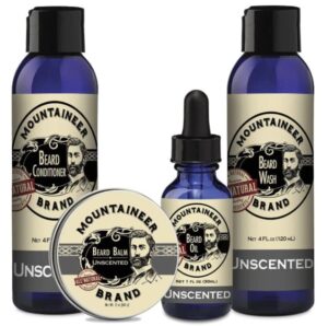 mountaineer brand everyday necessities beard bundle | beard wash, conditioner, beard balm, beard oil for men | cleans, hydrates wiry beards | leaves hair soft and manageable | essential 7 scent