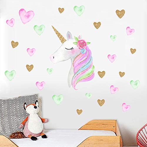 vkbuou Unicorn Rainbow Wall Decals Removable Wall Stickers for Girls Bedroom with Heart Star Cloud Rainbow Perfect Unicorn Wall Decals to Decorate Kids Room Nursery Birthday Party (3 Sheets)