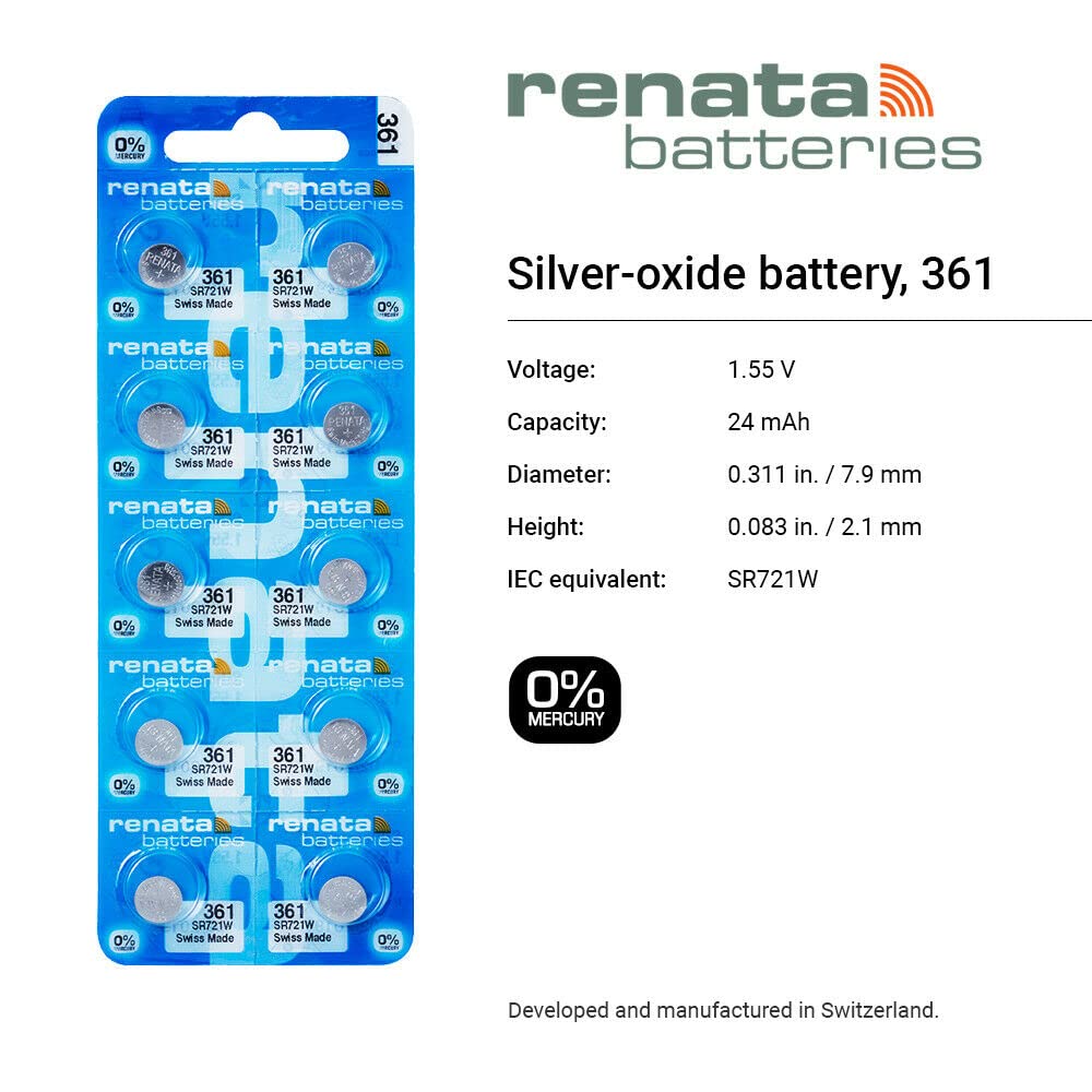 Renata 361 SR721W Batteries - 1.55V Silver Oxide 361 Watch Battery (2 Count)