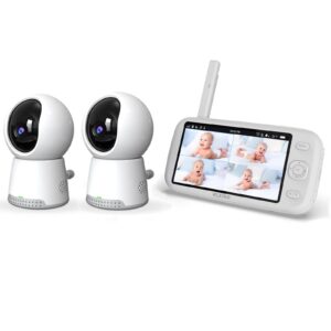 nexigo video baby monitor with camera and audio, 5 inch split ips screen, support up to 4 cameras, 2-way audio, pan-tilt-zoom, 4800mah battery, temperature detection, night vision, 2 pack (white)