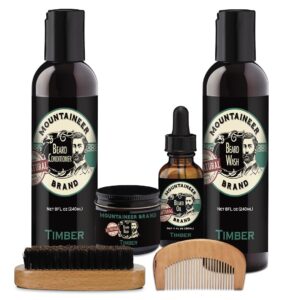 mountaineer brand starter beard bundle | beard wash, conditioner, beard balm, beard oil for men with wood comb & brush | hydrates beards for soft manageable hair | timber scent